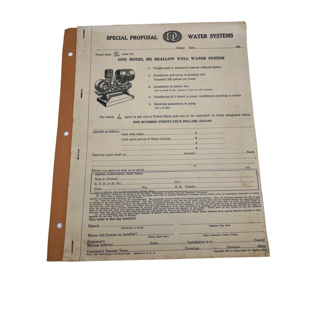 1927 Special Proposal Water Systems Order Form Booklet Shallow Well ...