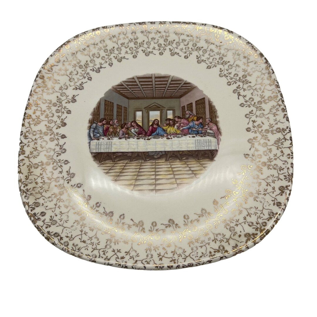 Vintage Last Supper Cake Plate Platter Gold Floral Border 10.25 ...