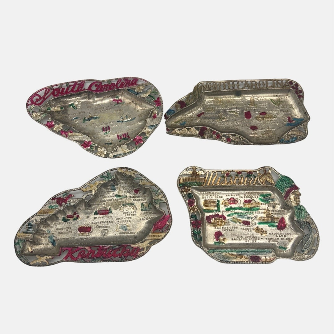 4 Vintage US State Souvenir Ashtrays Hand Painted Tin Metal Fairway Japan 6 - Etsy