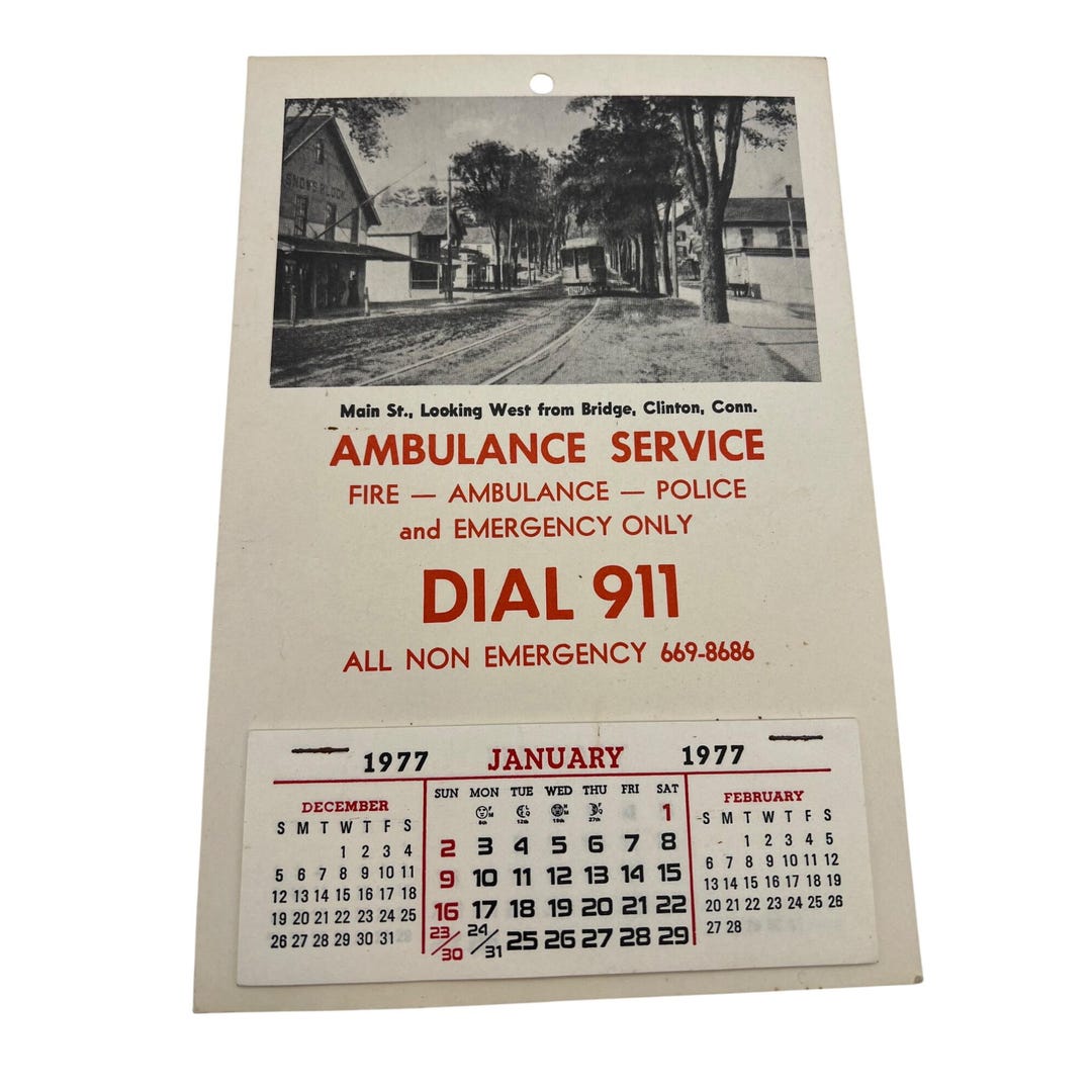 Vintage 1977 Ambulance Service Wall Calendar Clinton Connecticut Main ...
