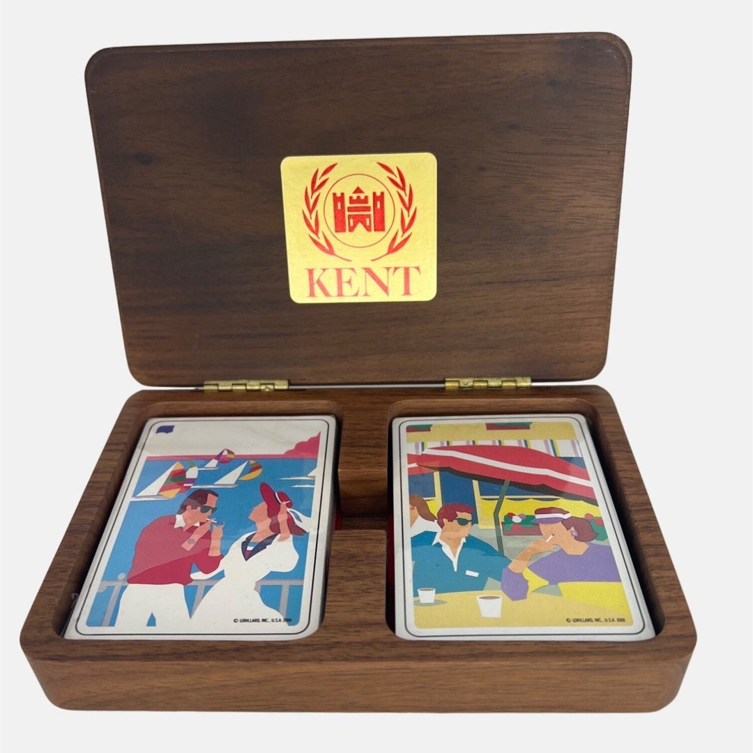 Vintage Kent Cigarette Playing Cards in Wood Box Promo Advertising 1988 ...
