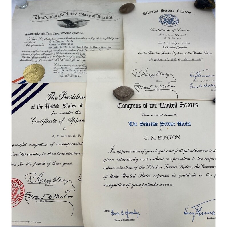 4 Vintage Selective Service System Certificates of Service Harry Truman ...