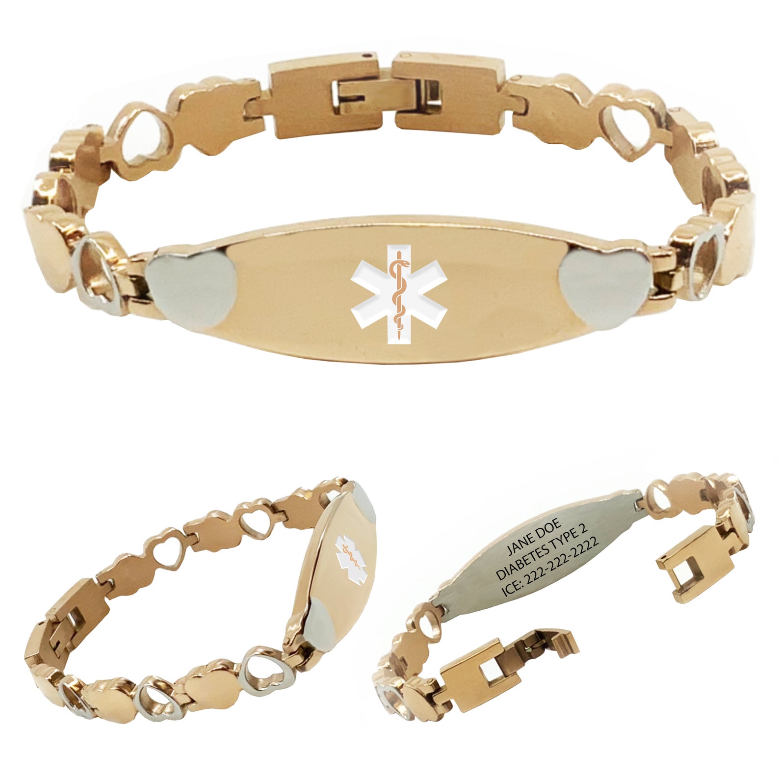 Medical Alert Bracelets for Women Rose Gold or Black Heart Link ...