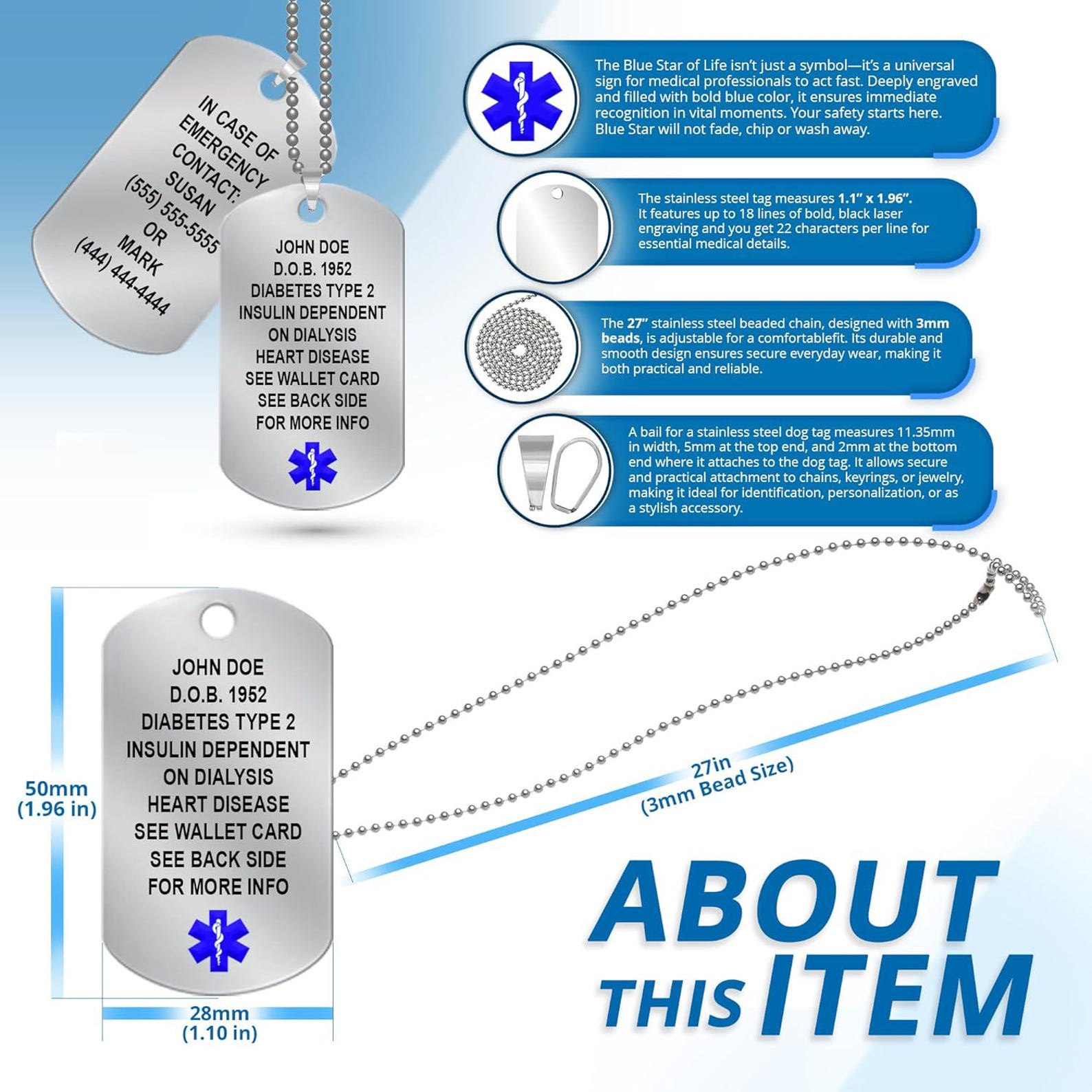 Medical Necklace ID Dog Tag – Stainless Steel (custom Engraved, 27 ...