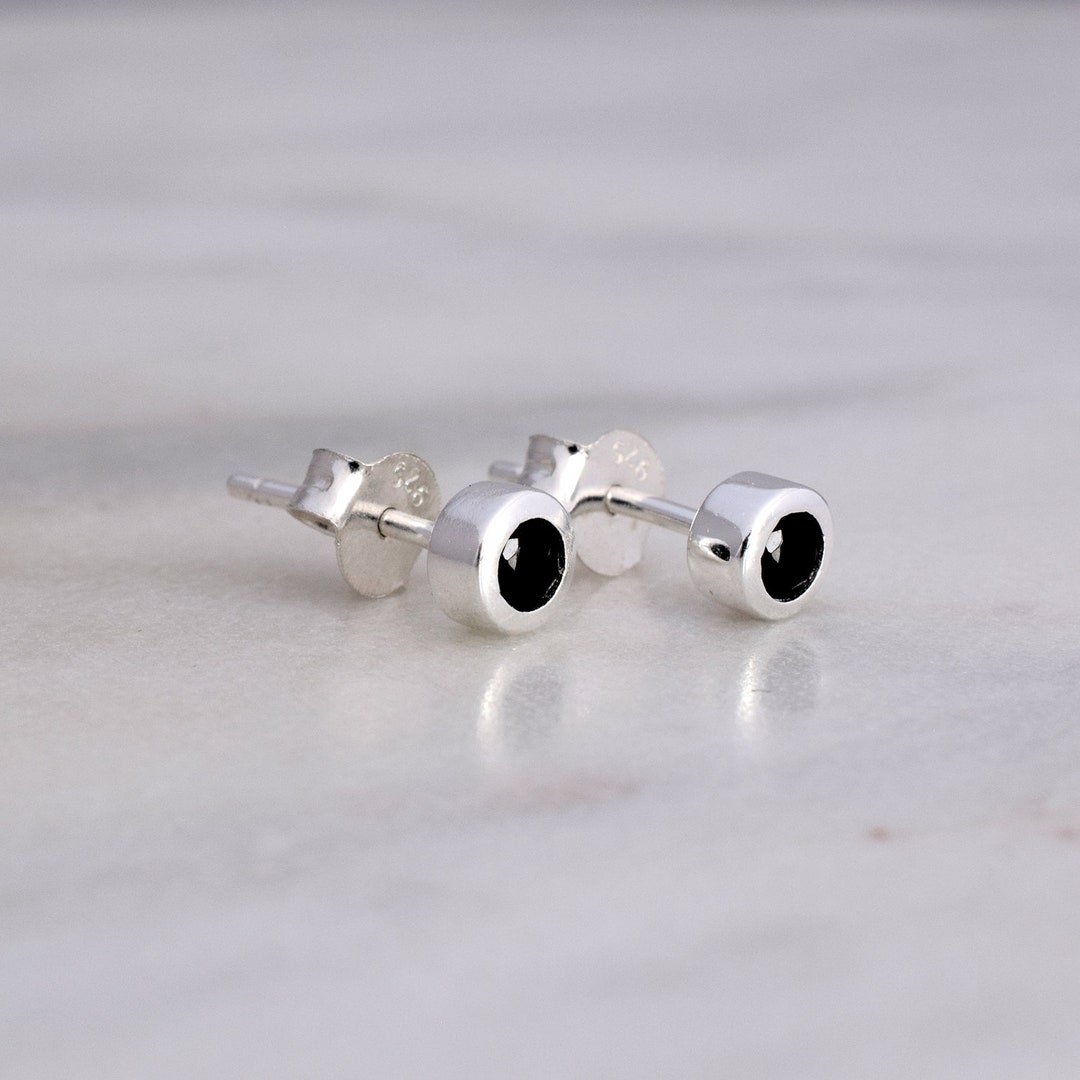 Tiny Black Stud Earrings, Round Silver Stud Earrings With Black Crystal, Everyday Black Gemstone ...
