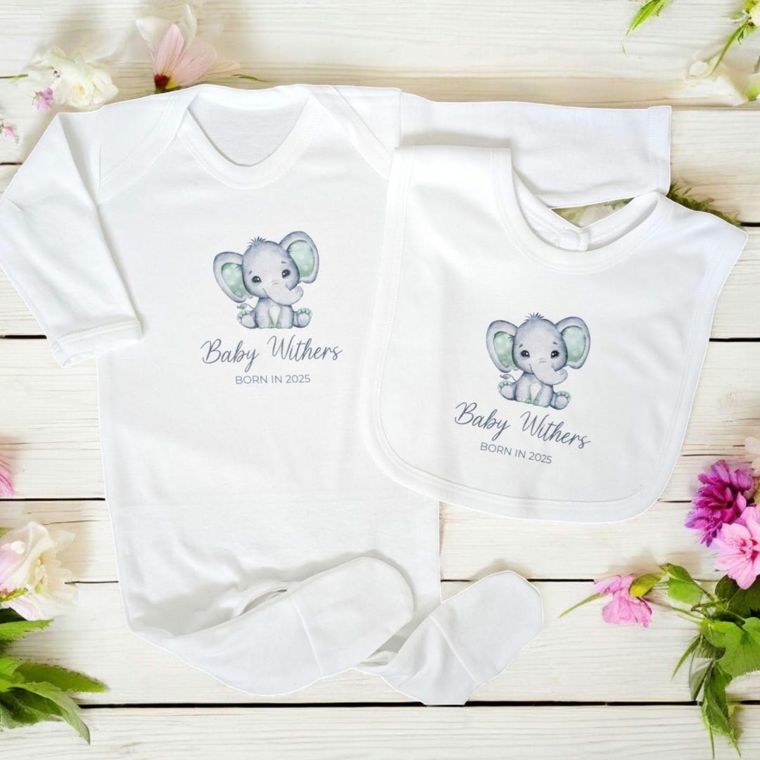 Personalised Baby Sleepsuit Elephant Bodysuit Bib Custom New Baby Gift ...