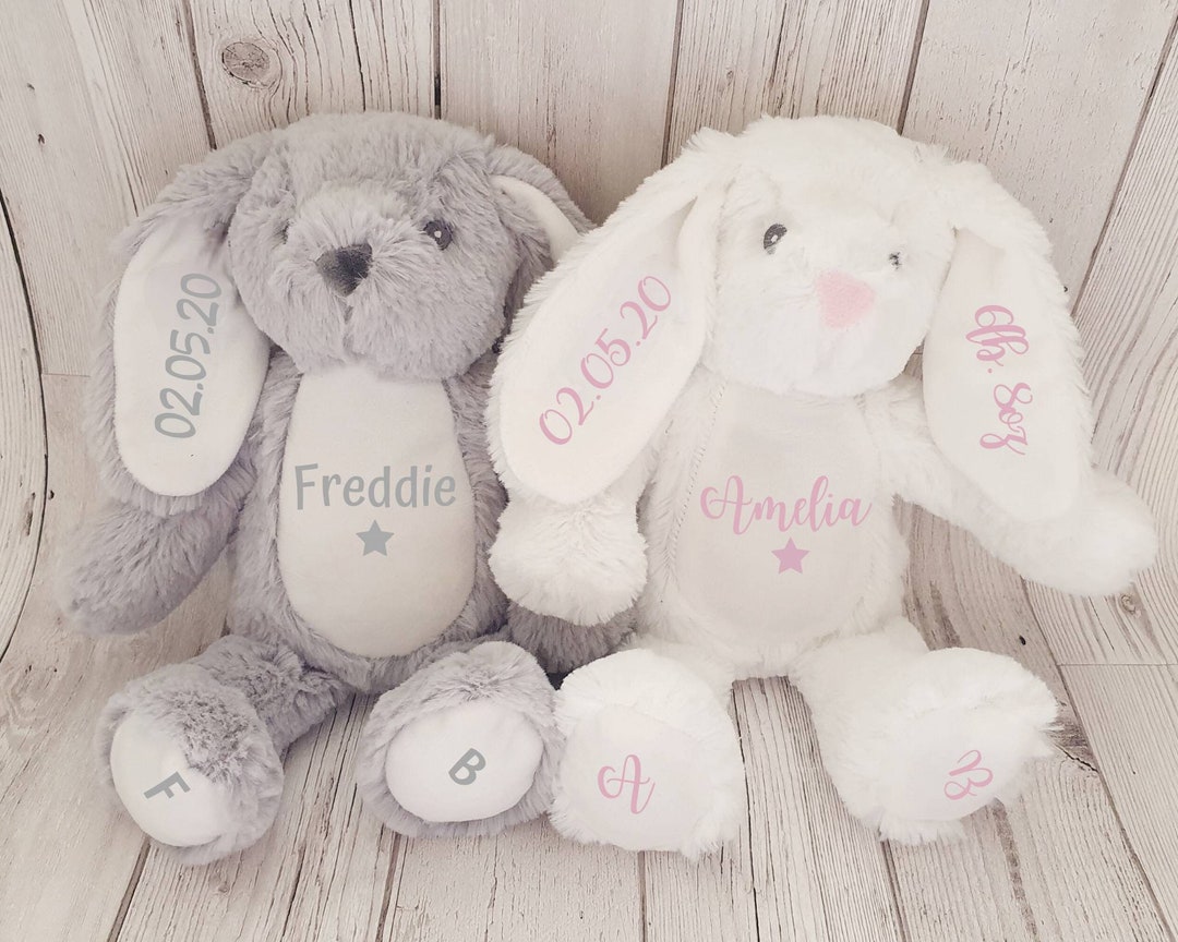 Personalised Bunny Rabbit Cuddly Toy New Baby Gift Soft Plush Grey ...