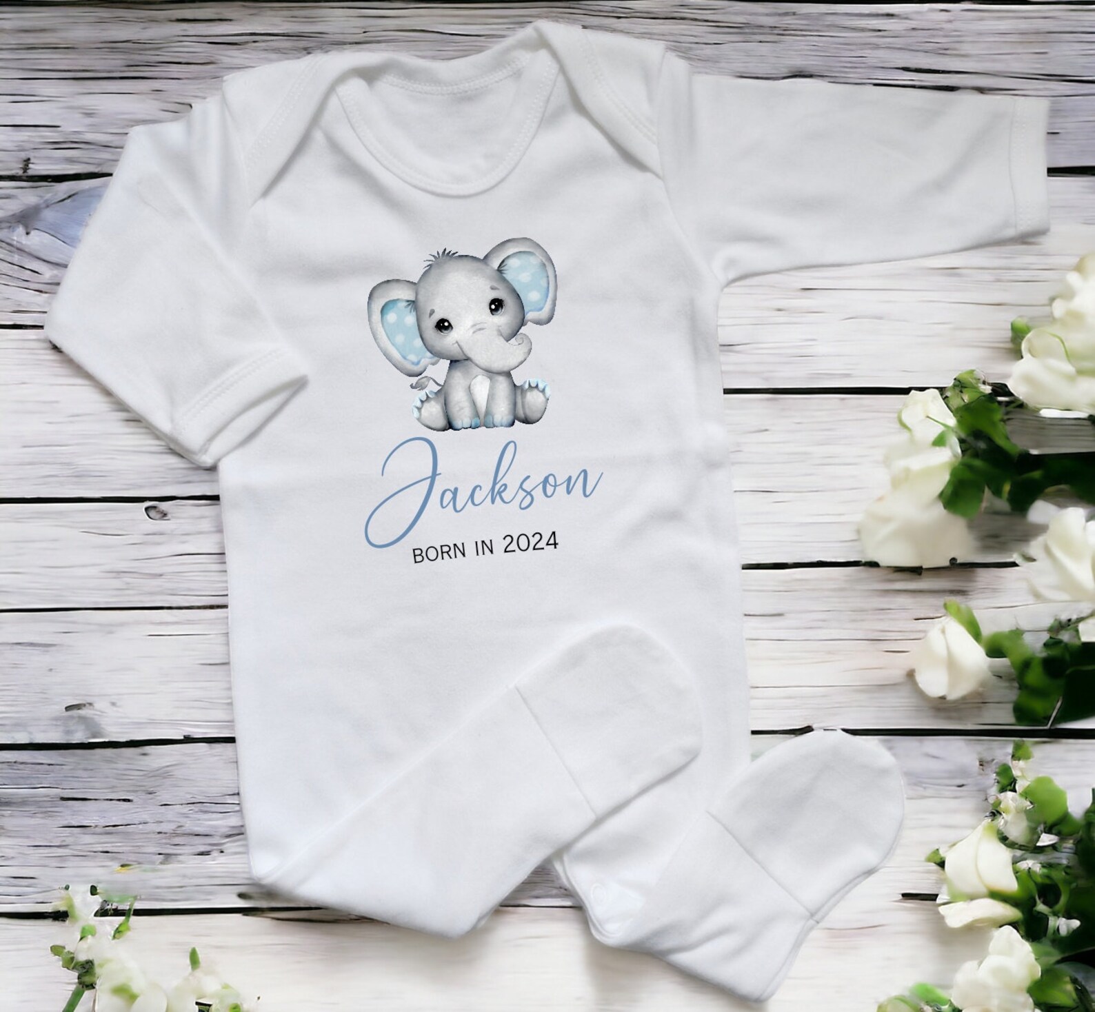 Personalised Baby Sleepsuit Elephant Bodysuit Bib Custom New Baby Gift ...