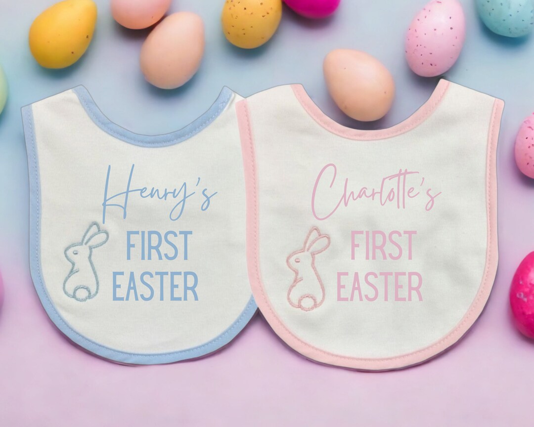 Personalised First Easter Bib Pink Blue Bunny Custom Name My 1st Easter ...
