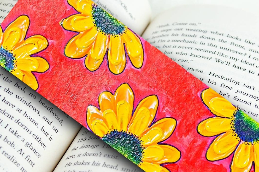 Hand painted Bookmark, Red and yellow Acrylic, Daisy, Painting, reader ...