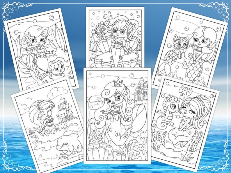 Chibi Mermaids, A Colouring Page Instant Download Collection by Sassy ...