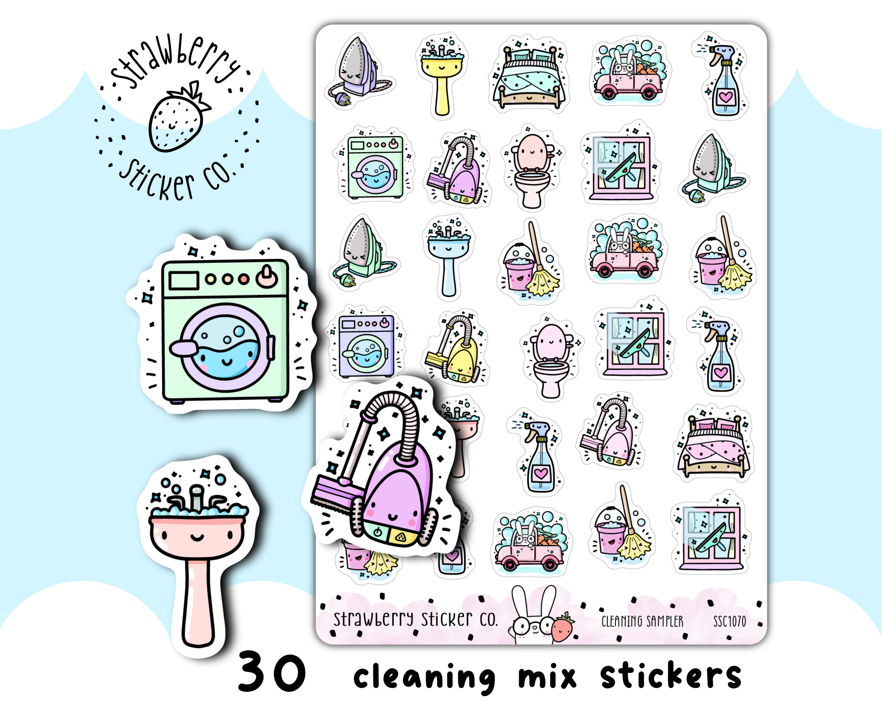 30 Cute Cleaning Icons Sampler Sheet Kawaii Planner Stickers SSC1070 - Etsy