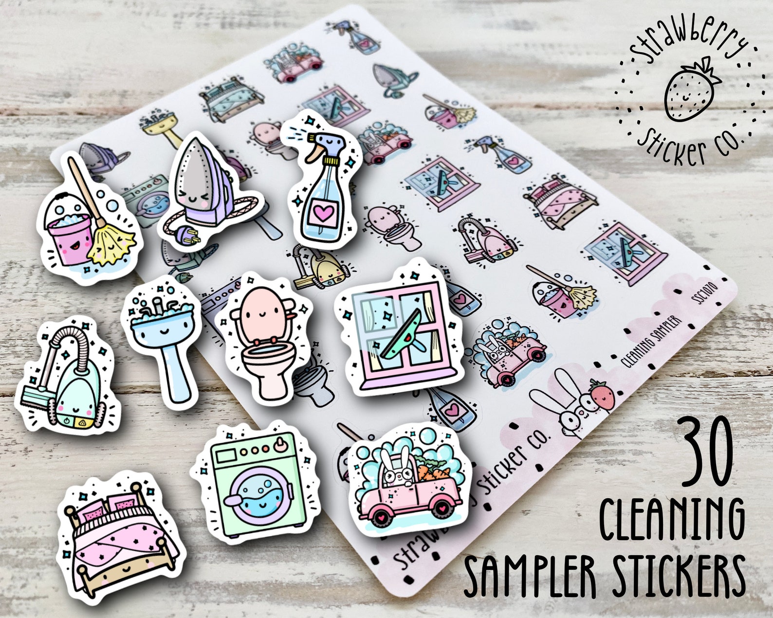 30 Cute Cleaning Icons Sampler Sheet Kawaii Planner Stickers | Etsy
