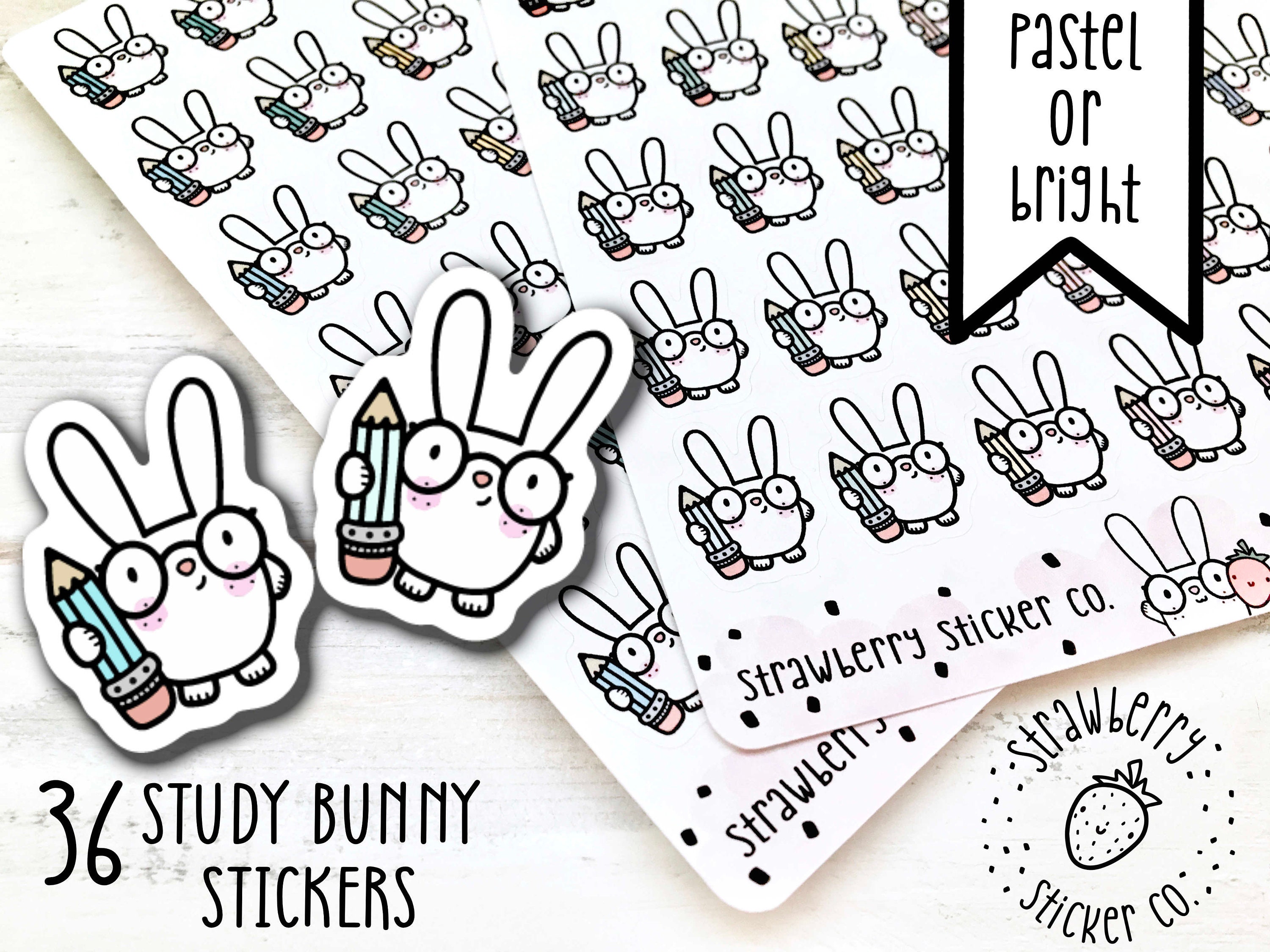 36 Study Bunny Cute Kawaii Planner Stickers Ssc0064 - Etsy Uk