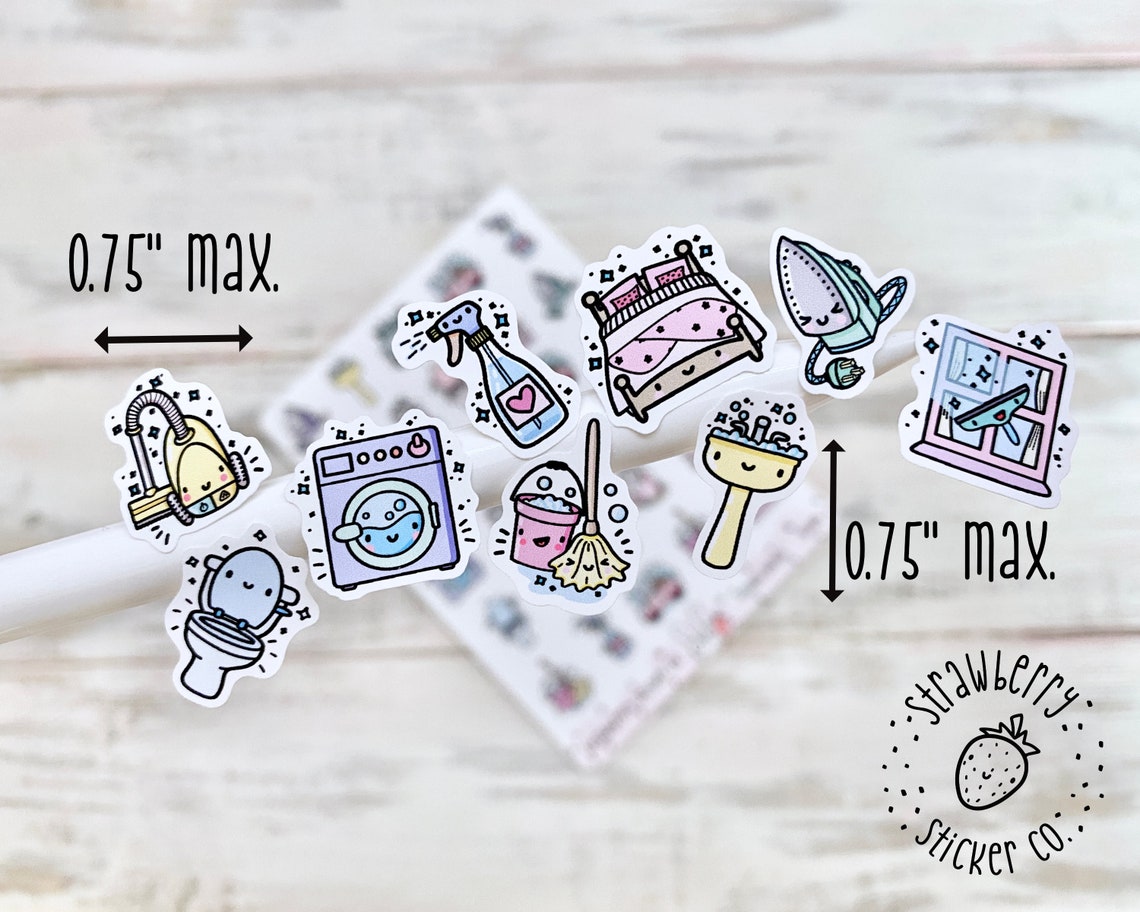 30 Cute Cleaning Icons Sampler Sheet Kawaii Planner Stickers | Etsy