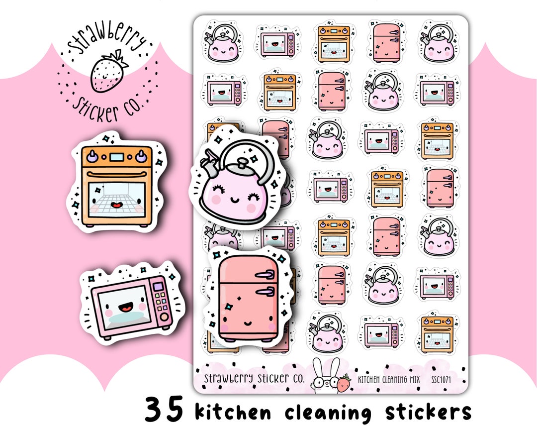 35 Cute Kitchen Cleaning Sticker Mix Sheet for Kawaii Planners SSC1071 ...