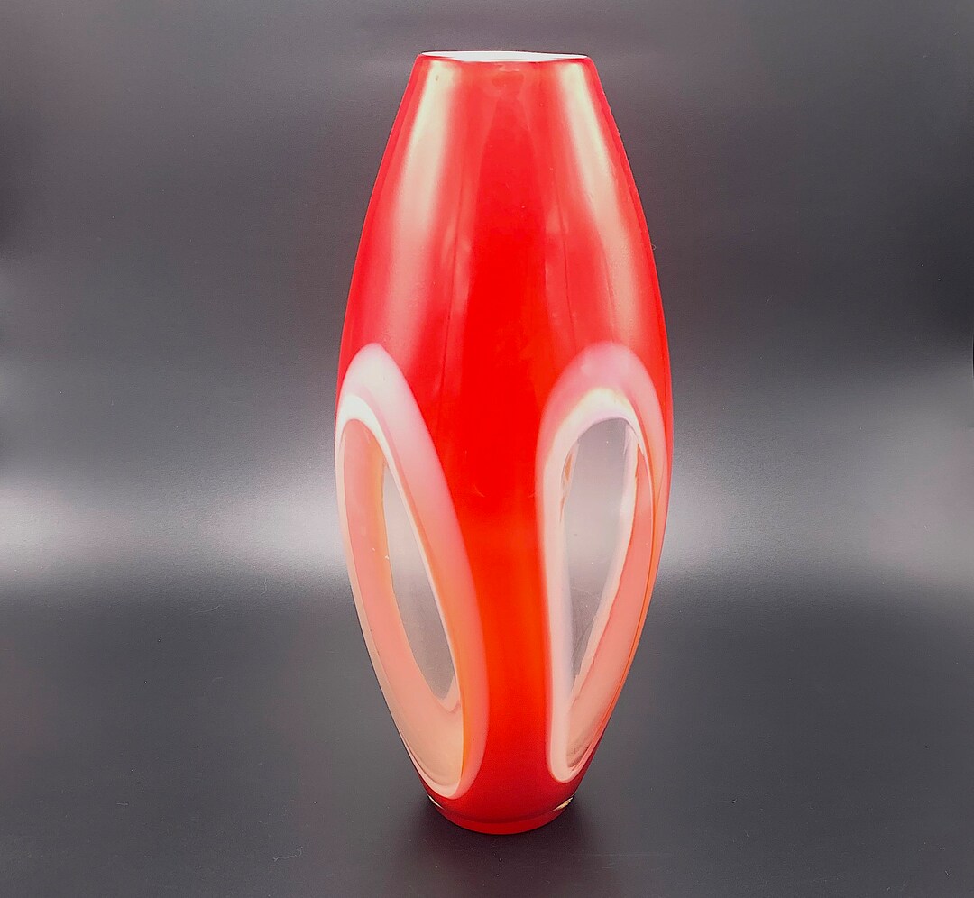 Vintage 1960's Glass Vase, Red Glass Vase, Oval Shaped Vase, Red Vase ...