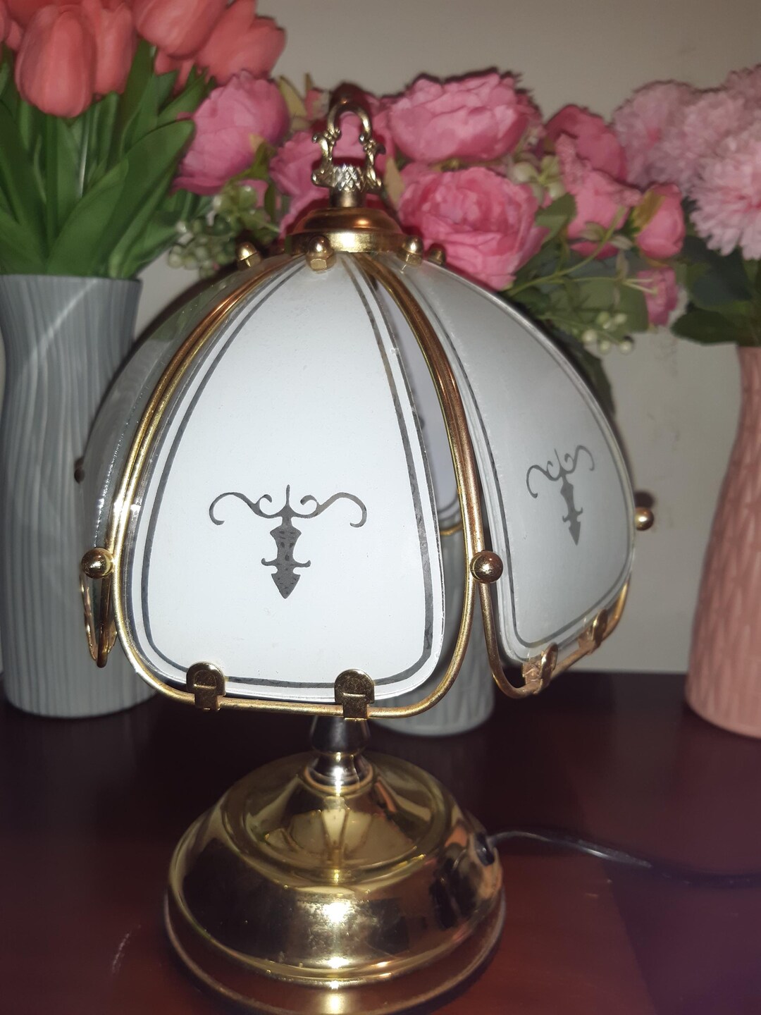 Touch Lamp. Brass and Etched Glass Touch Lamp. Tested and Tagged by a ...