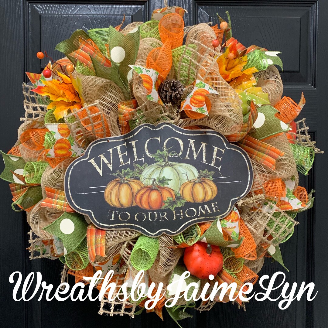 Pumpkin Wreath, Fall Welcome Wreath, Autumn Welcome Wreath, Deco Mesh ...