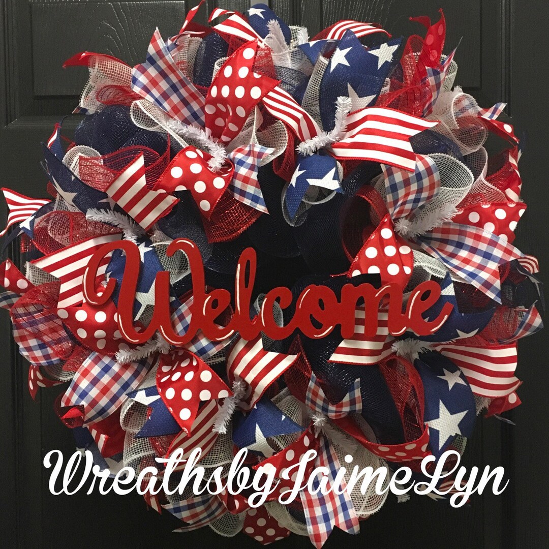 Patriotic Welcome Wreath: Red, White & Blue Deco Mesh, Hand-painted ...