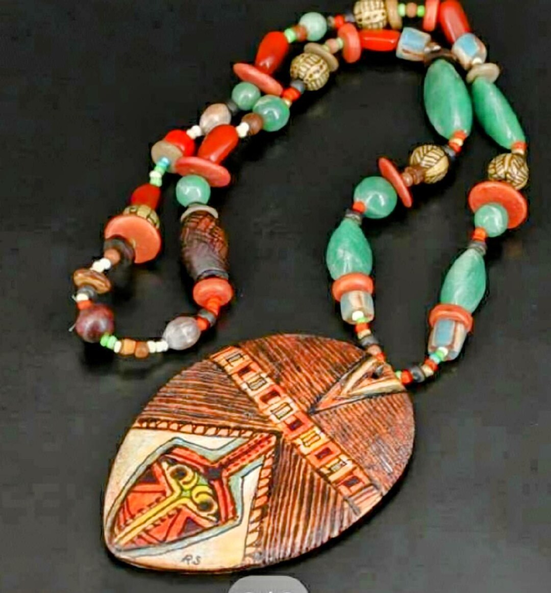 Hand-painted Wood Pendant Necklace: Lenore Szesko, Agate Abalone ...