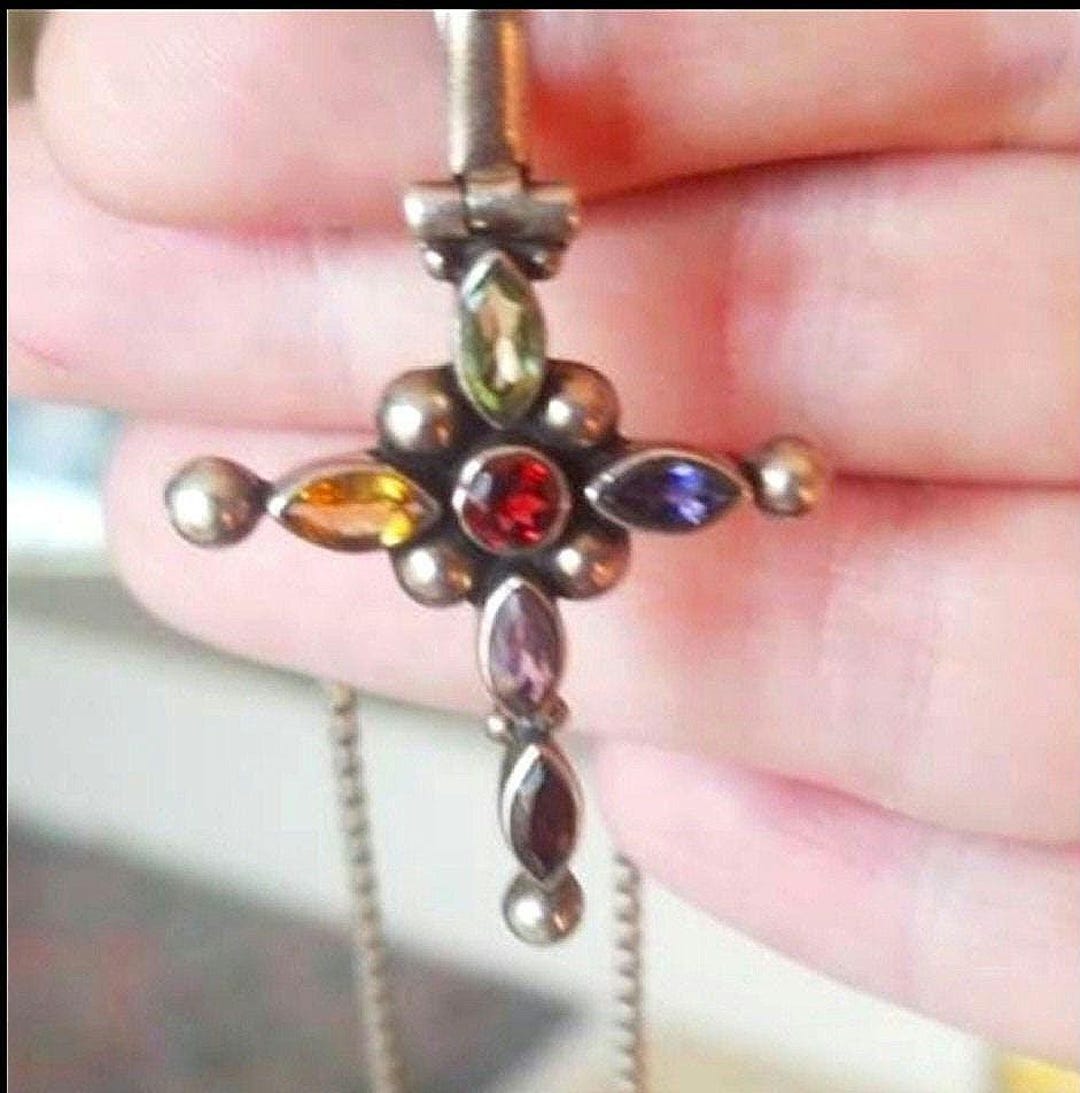 Vintage Sterling Silver Multi-gemstone Cross Pendant Necklace Garnet ...