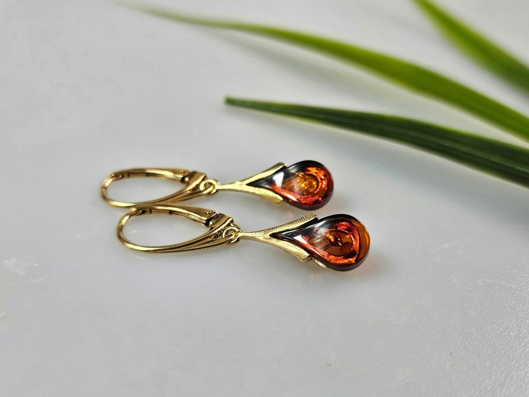 Amber Earrings, Gold Earring, Dangle Hanging Crystal Earrings ...
