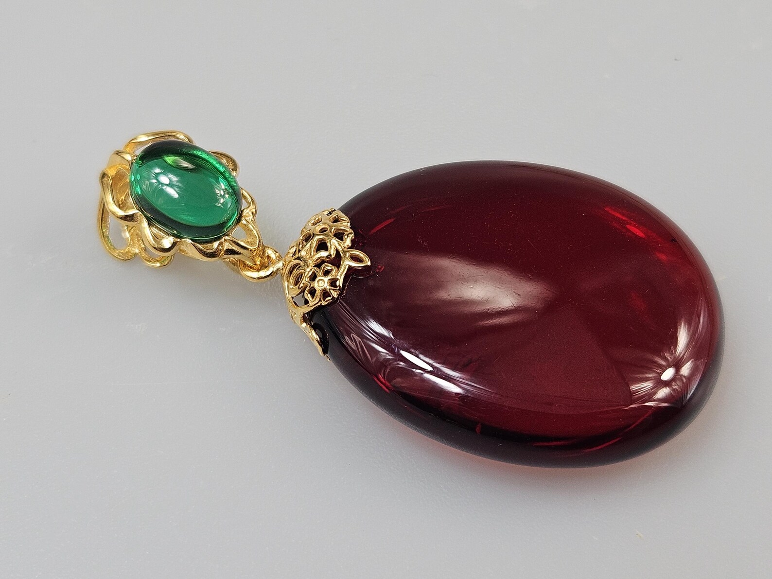 Ruby Red Amber Pendant. Gold Plated Silver Cabochon. Deep Red Natural ...
