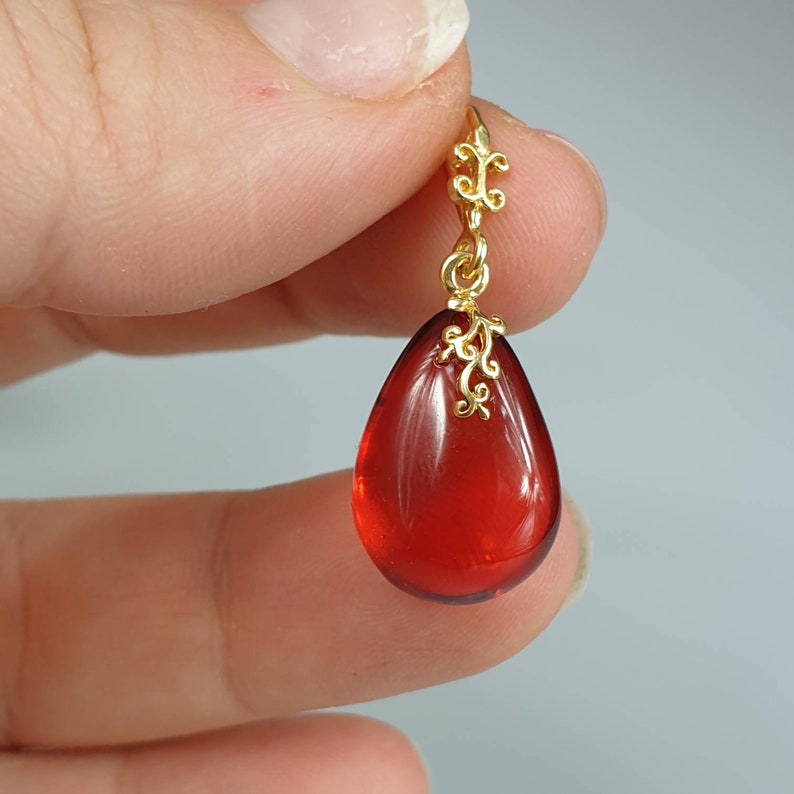 Ruby Red Amber Pendant. Gold Plated Silver Cabochon. Deep Red | Etsy