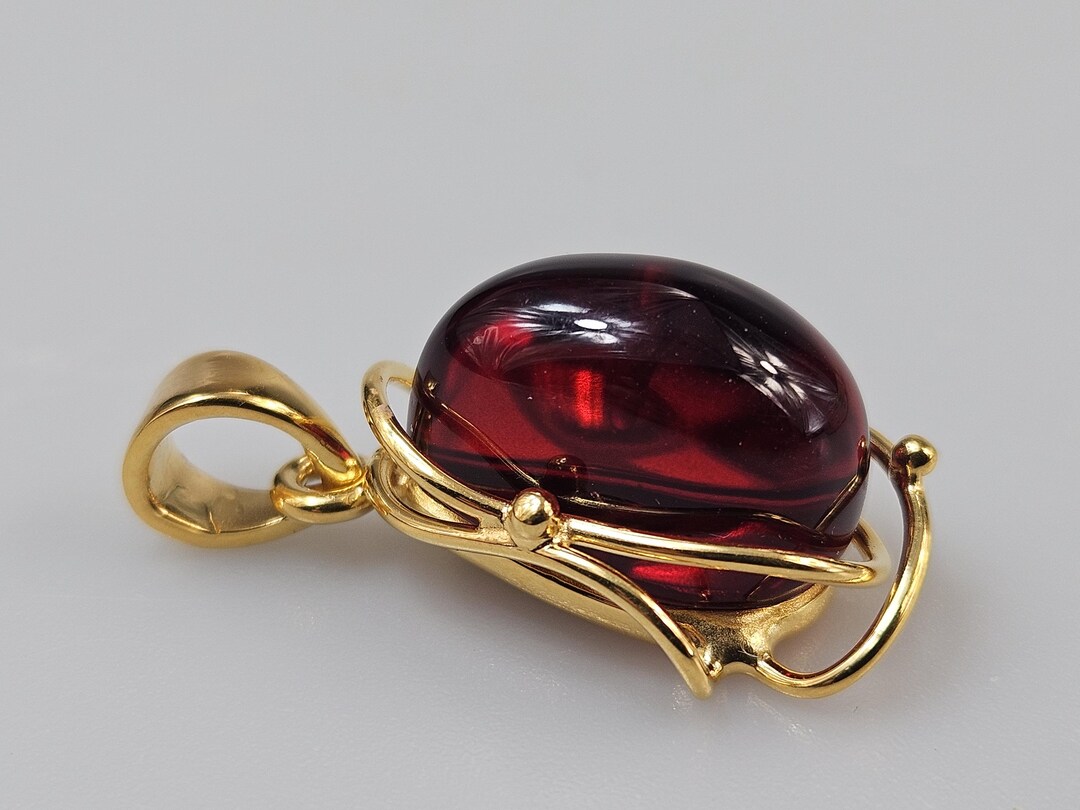 Deep Red Amber Pendant Large Gold Plated Silver 925 Pendant Red Amber ...