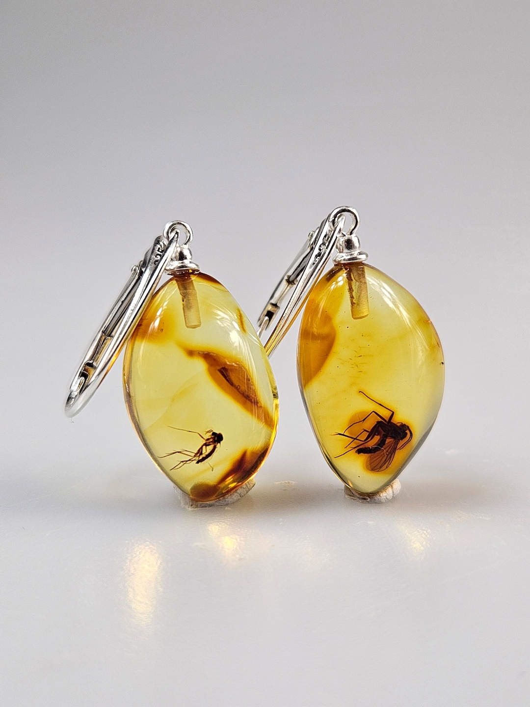 Small Amber Earring, Insect in Amber, Gemstone Jewelry. Baltic Amber ...