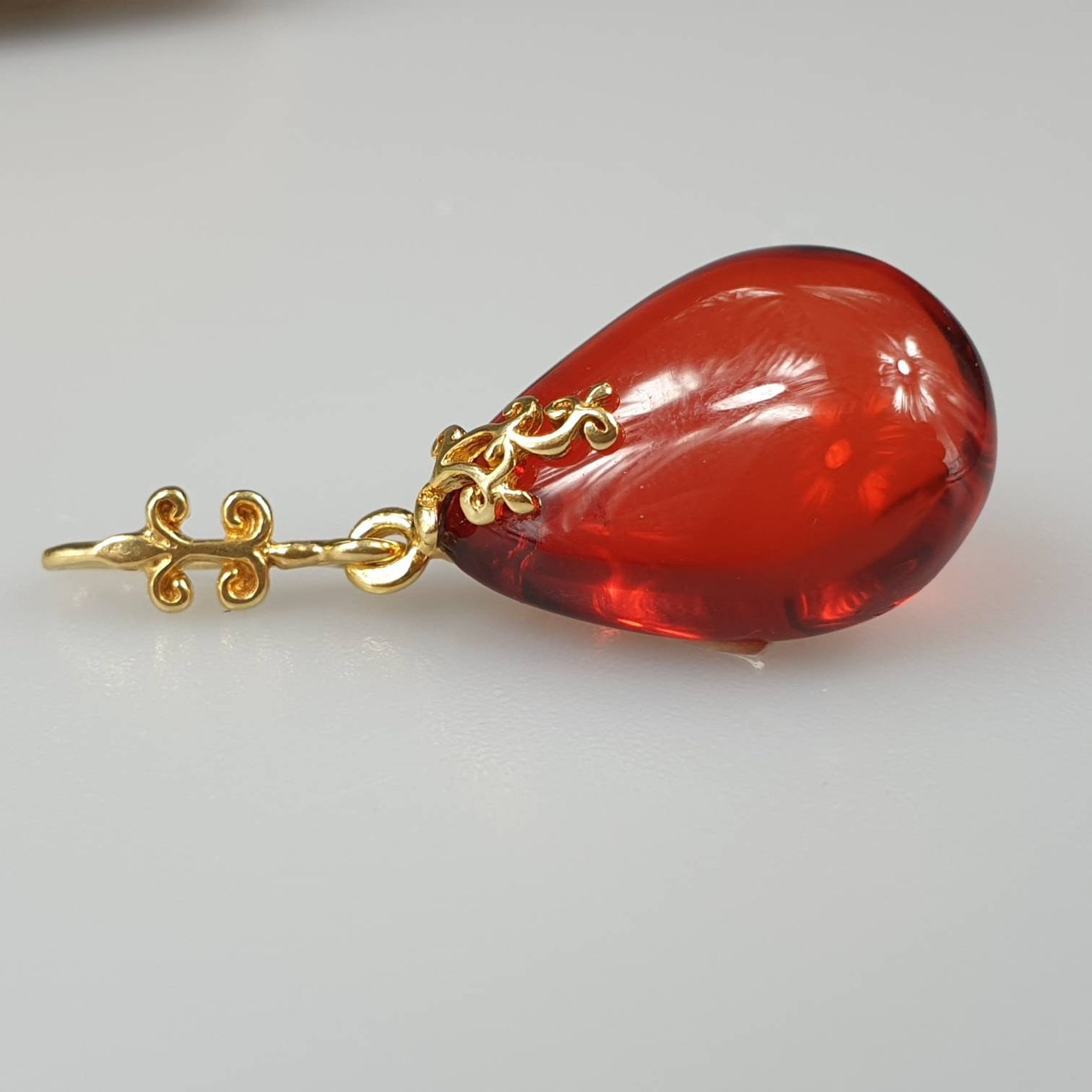 Ruby Red Amber Pendant. Gold Plated Silver Cabochon. Deep Red | Etsy