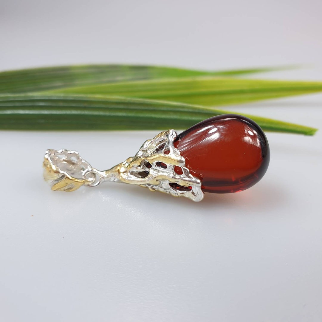 Ruby Red Amber Pendant. Gold - Plated Pendant. Deep Red Natural Baltic ...