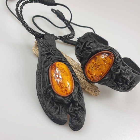 Leather and Amber Set Leather Bracelet Amber Bracelet | Etsy