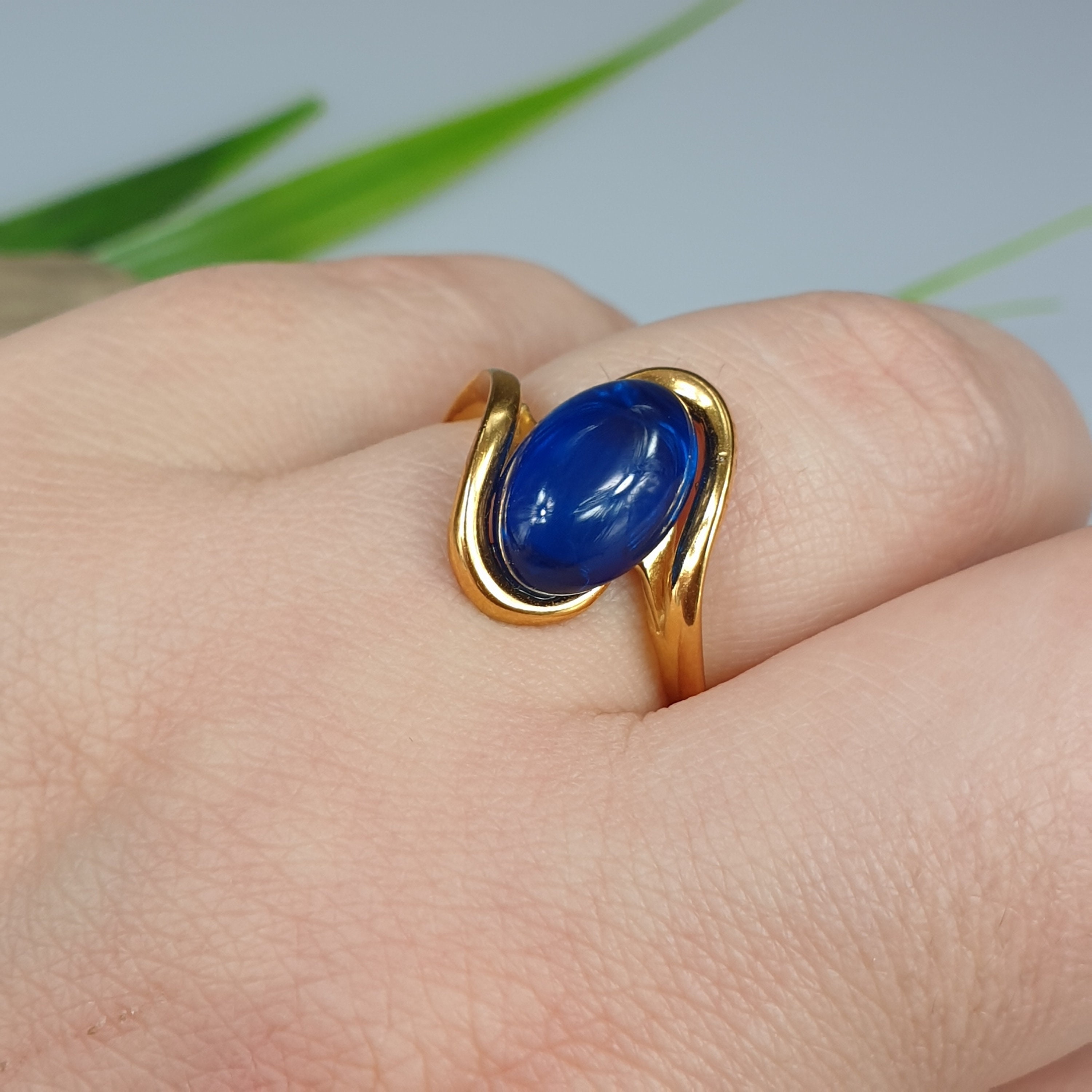 Blue Amber Ring, Gold Plated Sterling Silver 925, Adjustable Size - Etsy