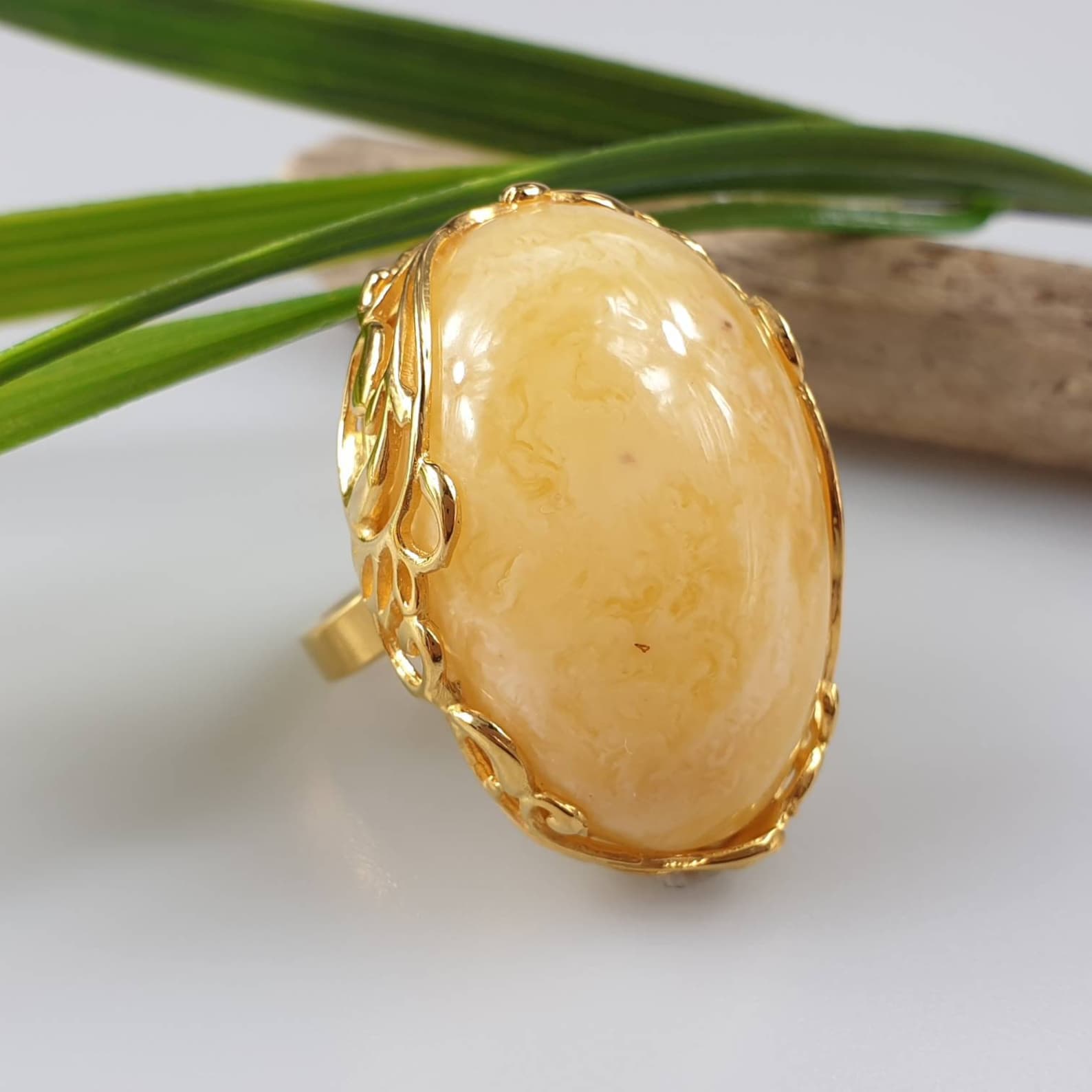 Amber Ring. White Amber. Gold Plated Ring. Adjustable Size. | Etsy