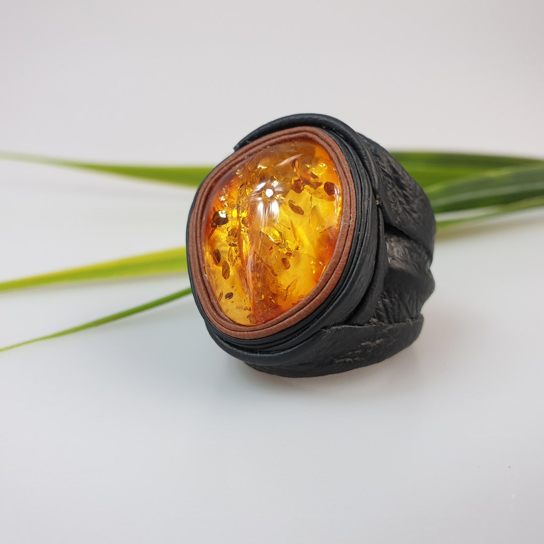 Amber Ring. Adjustable Ring, Amber Leather Ring Handcrafted Leather and ...