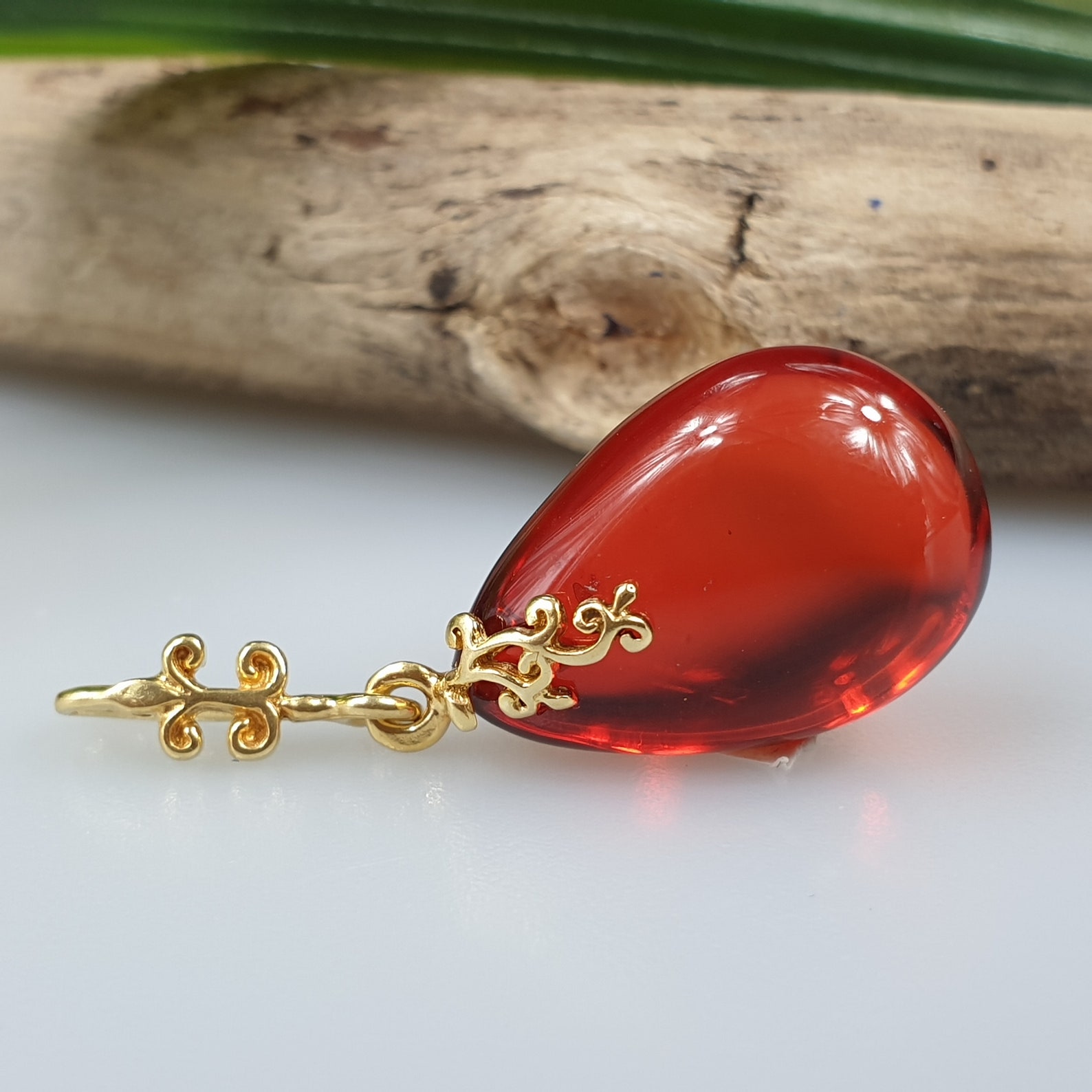 Ruby Red Amber Pendant. Gold Plated Silver Cabochon. Deep Red | Etsy