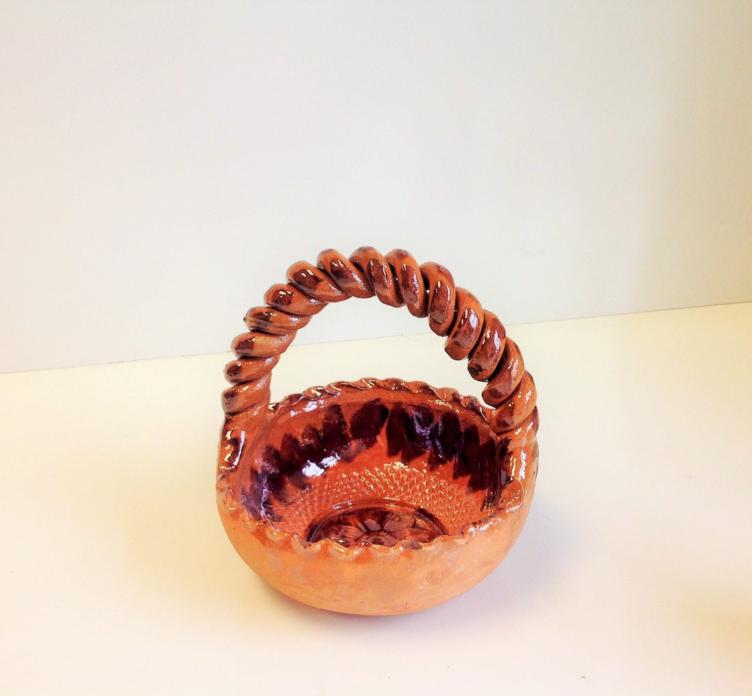 Mexican Clay Hand Crafted and Hand Painted Basket Mexican Partially ...