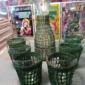 Vintage Wicker Wrapped Glass Carafe and Set of Six Cups Green - Etsy