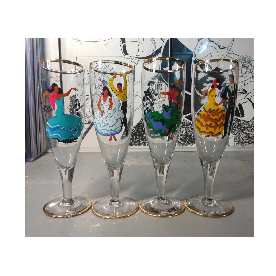 Lot Set of Four Vintage Colorful Latin Dancers Glass Champagne Flutes ...