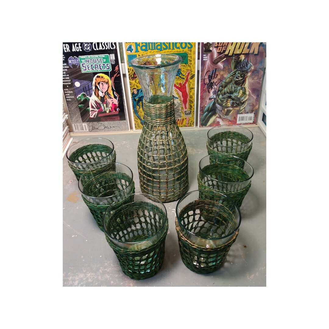 Vintage Wicker Wrapped Glass Carafe and Set of Six Cups Green - Etsy