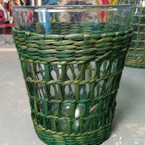 Vintage Wicker Wrapped Glass Carafe and Set of Six Cups Green - Etsy