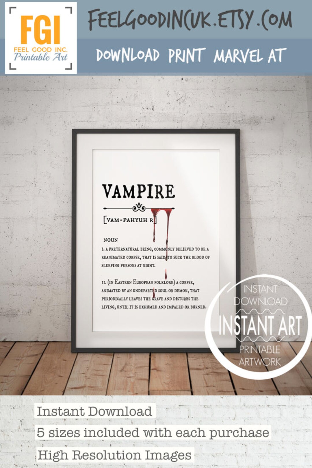 Halloween Vampire Wall Art, Vampire Definition, Instant Halloween Decor ...