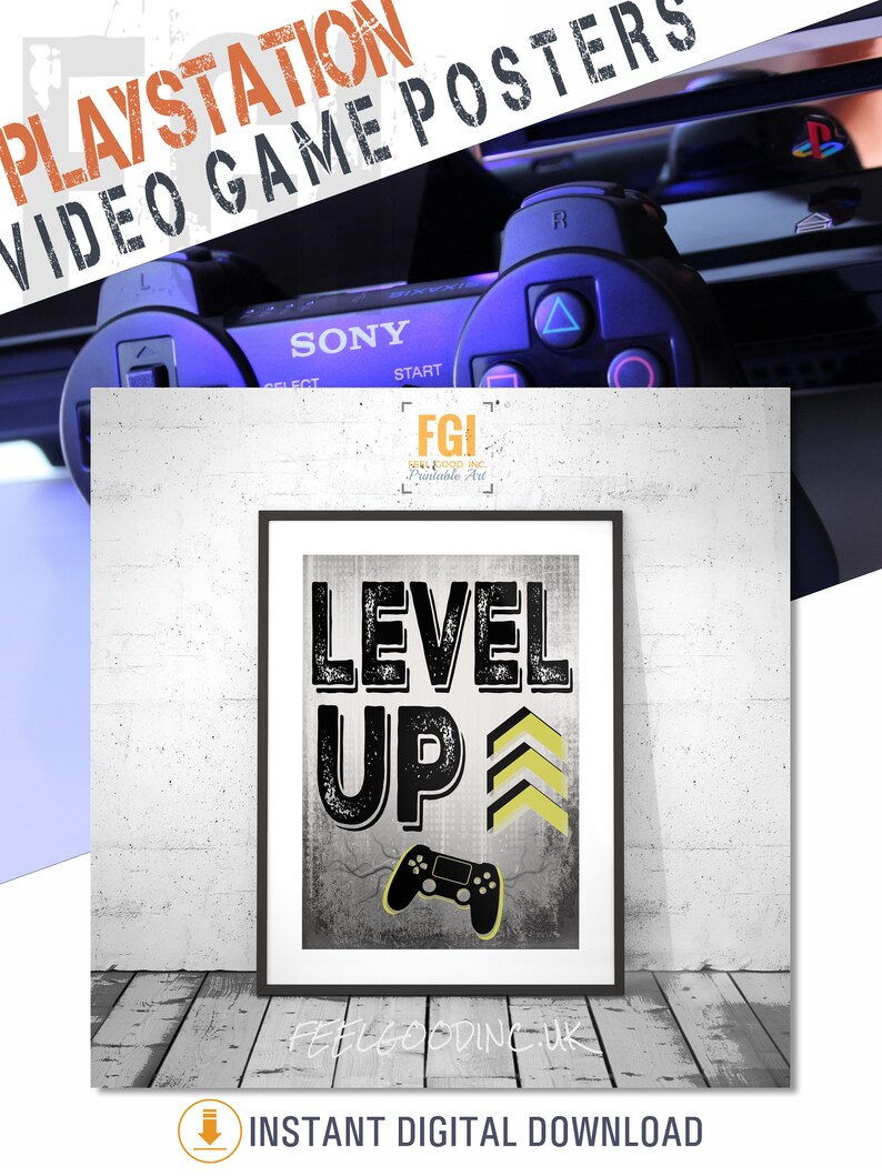 PLAYSTATION Level Up Affiche de jeu vidéo Gris Jaune | Etsy