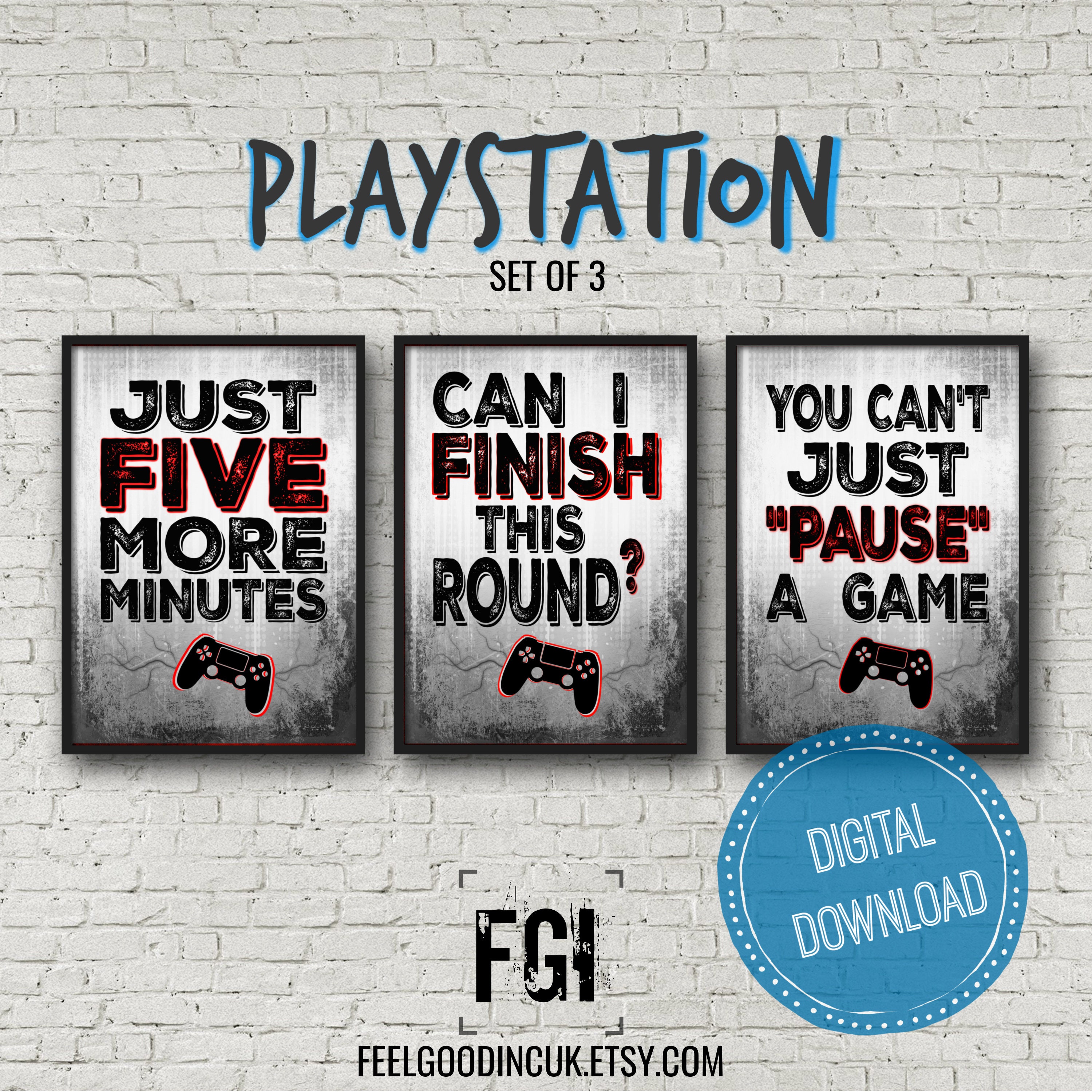 Set of Three Red PLAYSTATION Video Game Prints PS4 | Etsy