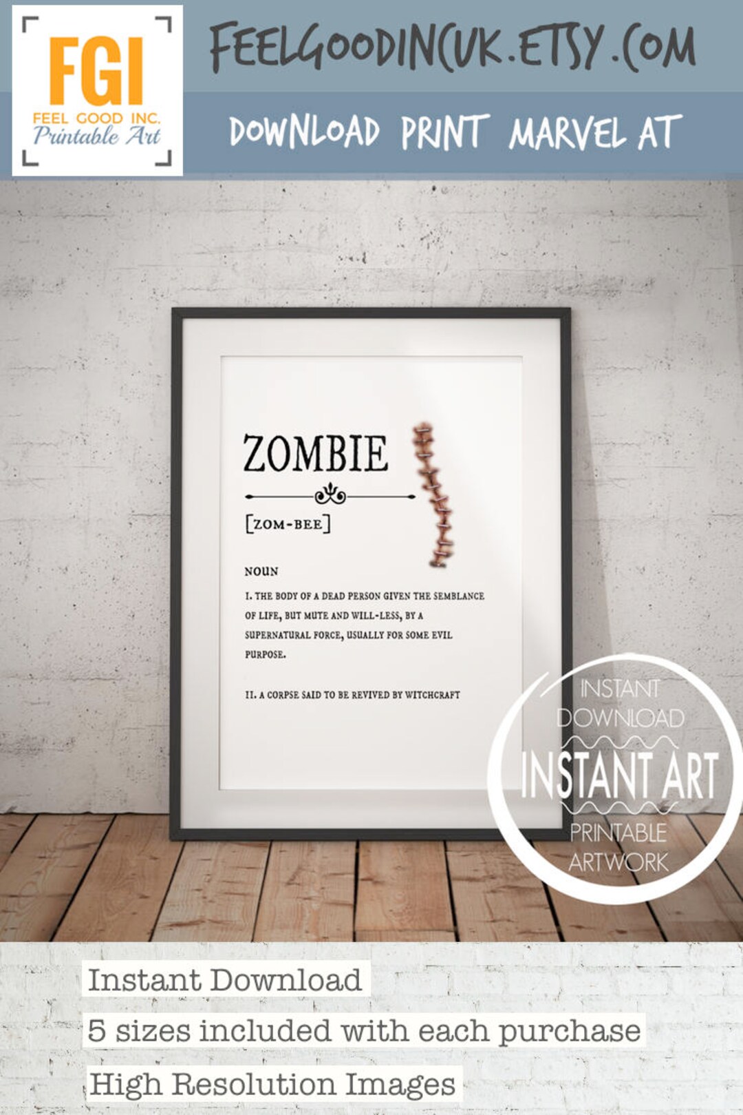 Halloween Zombie Definition Art, Instant Halloween Decor, Zombie Wall ...