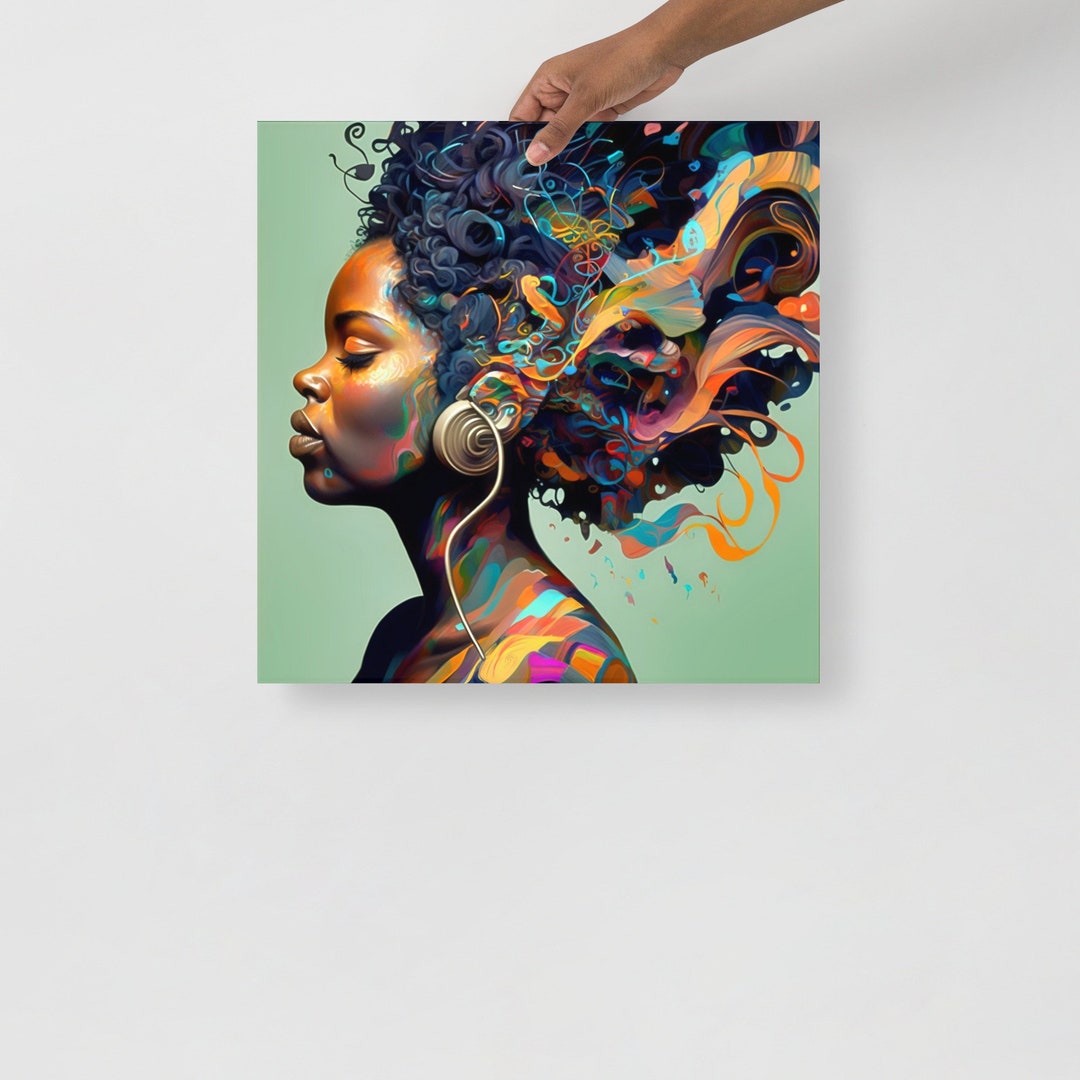 Psychedelic Art Black Woman Listening to Music Poster - Etsy