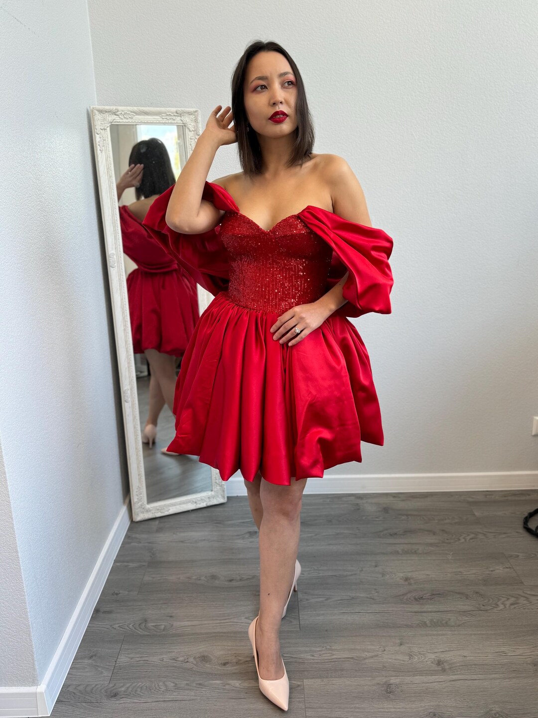 Red Mini Bubble Dress, Formal Sequin Corset Dress, Date Night Dress ...