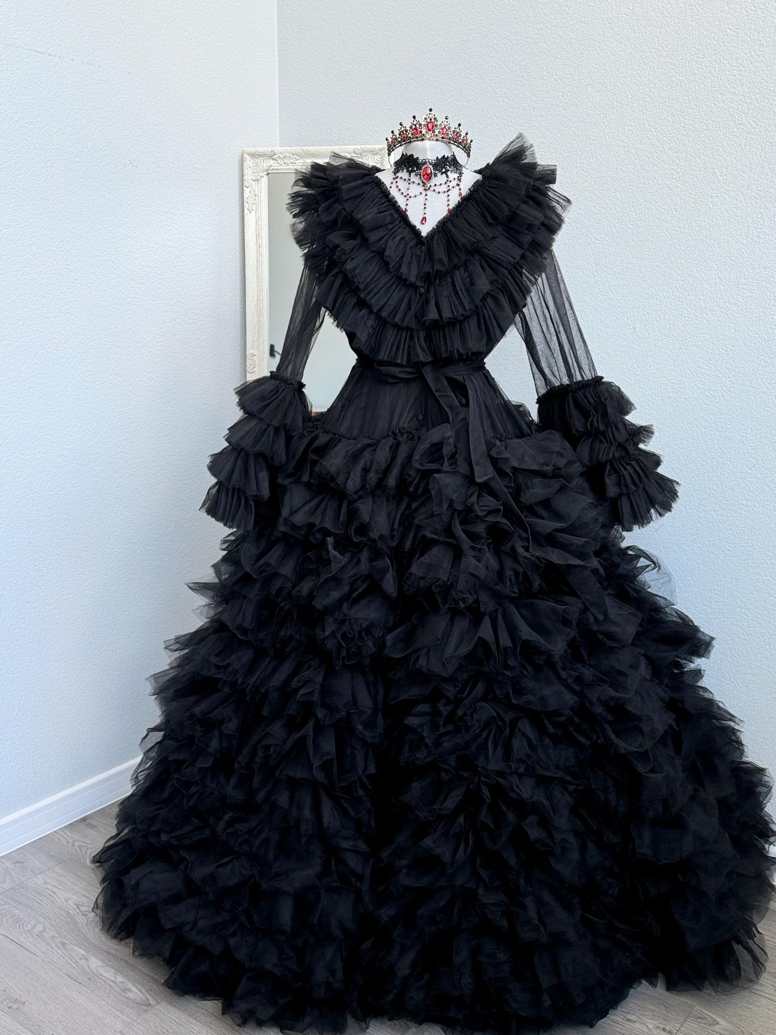 Black Gothic Photoshoot Gown, Tiered Tulle Black Dress,halloween ...